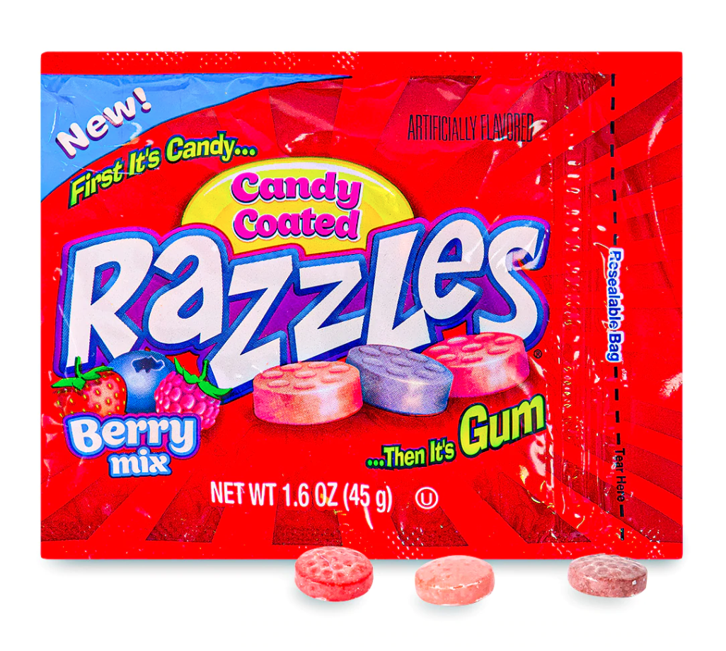 Razzles Mélange de Baies - Bonbon Fruité Qui Se Transforme en Chewing ...